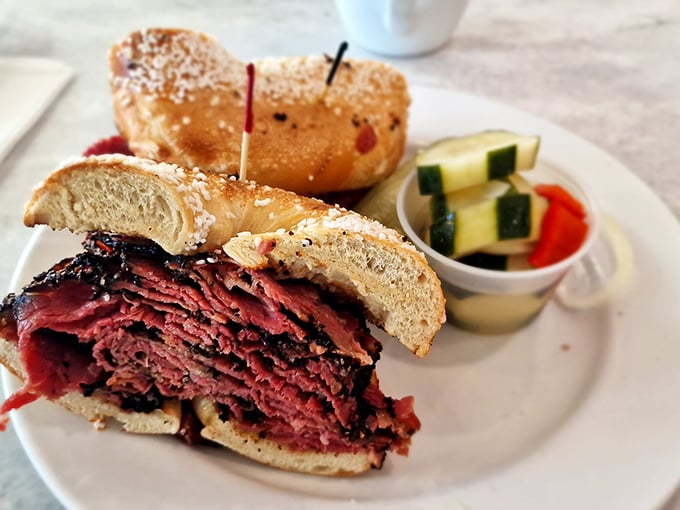 This isn't just a sandwich; it's a pastrami masterpiece. Thinly sliced, perfectly seasoned beef stacked higher than your weekend expectations.