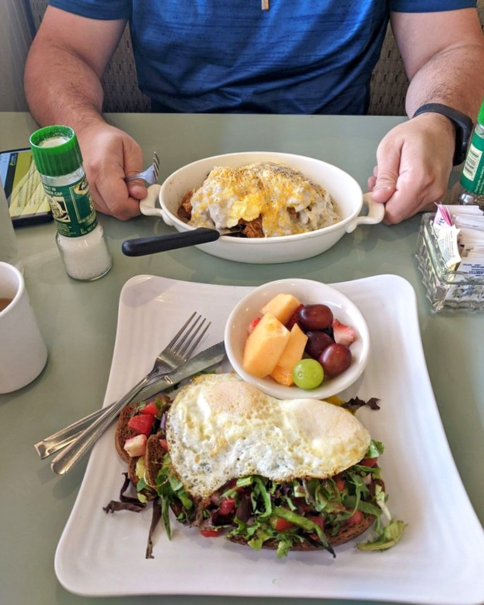 A breakfast duet that hits all the right notes. The fruit cup isn't an afterthought&mdash;it's the palate cleanser between bites of savory perfection. 