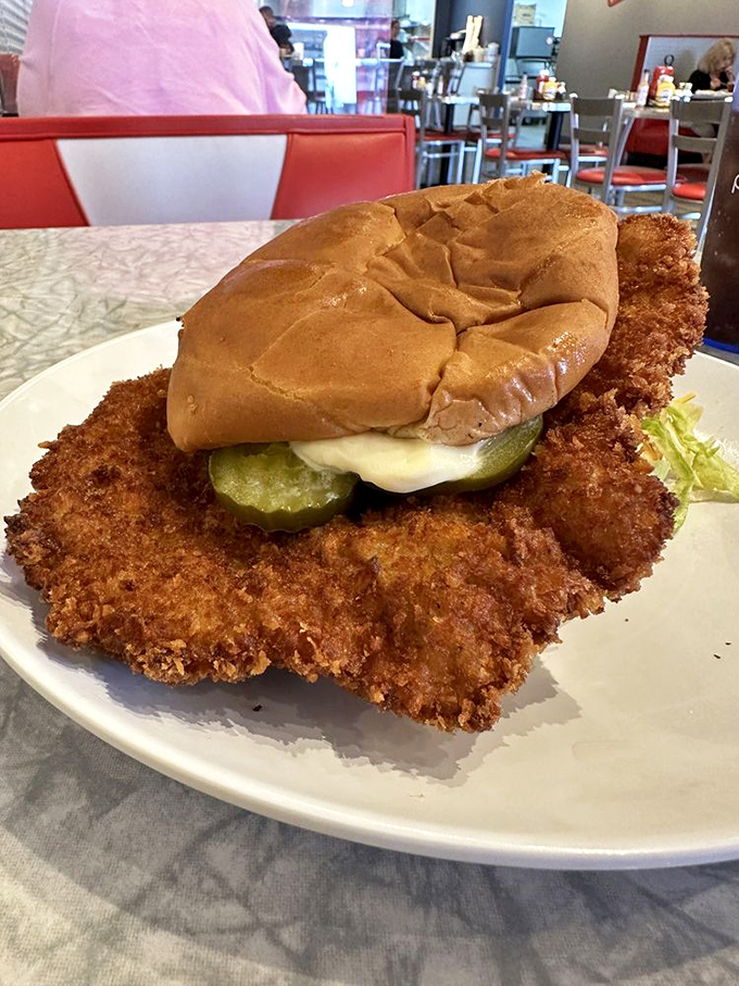 A breaded pork tenderloin sandwich so massive it's trying to escape the plate &ndash; with pickles standing guard to prevent its getaway.
