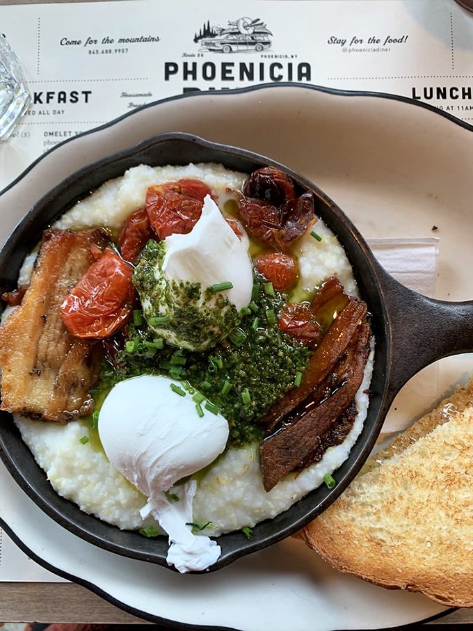 A skillet so beautiful it deserves its own ZIP code. Those poached eggs look like they're floating on a cloud of pure possibility.