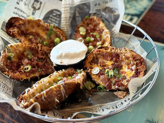 Loaded potato skins that put your average sports bar appetizer to shame. Cheese, bacon, and zero regrets.