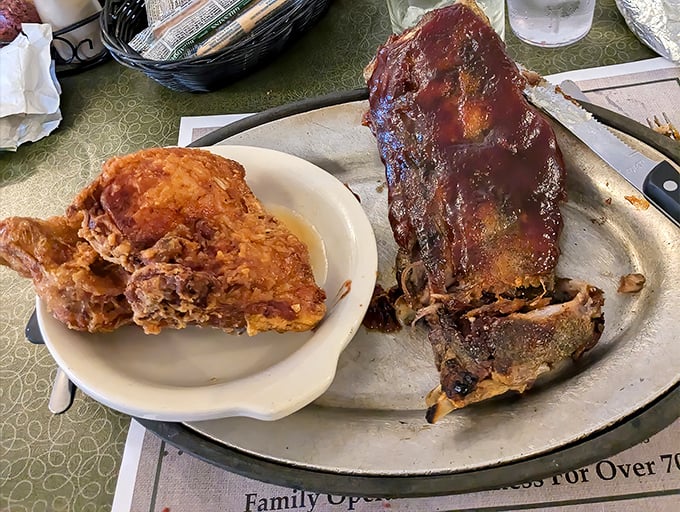 The surf and turf fantasy team: fall-off-the-bone ribs alongside golden fried chicken &ndash; proof that indecision can sometimes be delicious.
