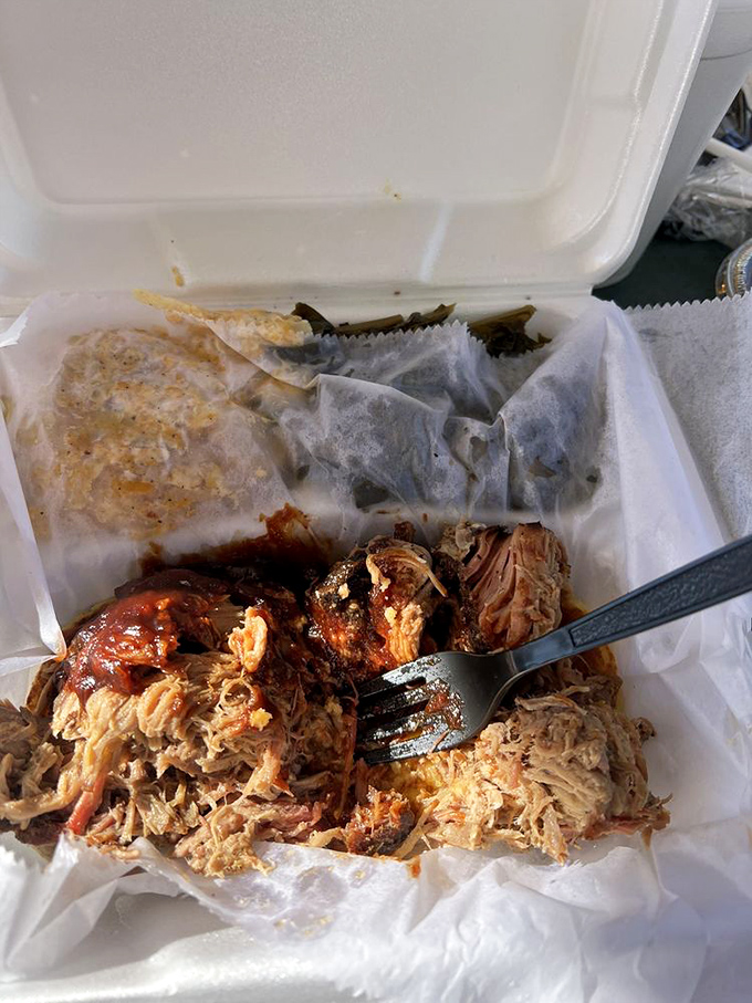 Pulled pork so tender it practically surrendered to the pit master. The smoky meat carries enough flavor to make a vegetarian reconsider their life choices.