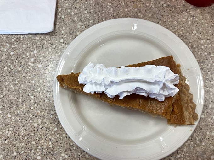 A slice of pumpkin pie that would make your grandma nervous about her recipe. That mountain of whipped cream isn't just decoration&mdash;it's a necessity.
