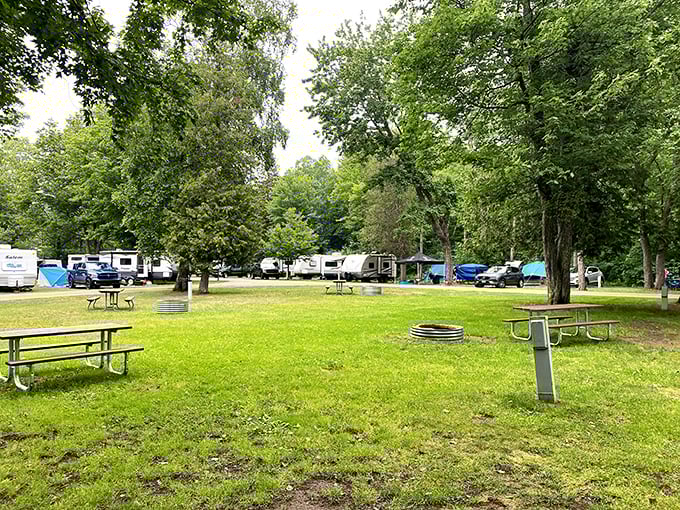 Campsites nestled among towering trees create temporary neighborhoods where strangers become friends over shared appreciation of nature's splendor.