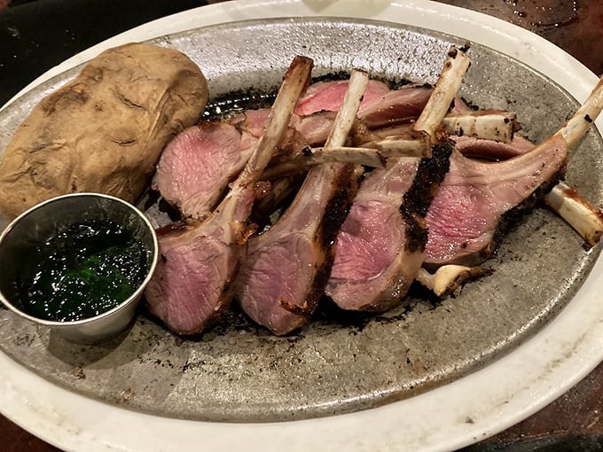 Rack of lamb presented with simple dignity, perfectly pink and begging for that mint jelly. Meat this good needs no gimmicks.