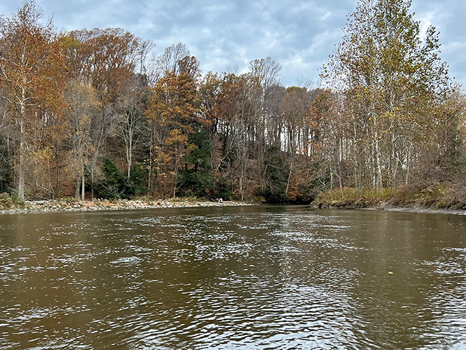 Autumn's reflection doubles the seasonal splendor. Even the trees seem to admire themselves in these tranquil waters.