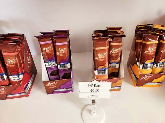 Sugar-free chocolate bars that don't taste like compromise. The vibrant packaging suggests these aren't your grandma's diet candies.