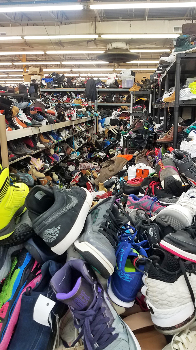 The sneaker section resembles a footwear avalanche, where patient treasure hunters might unearth that perfect pair amid organized chaos.
