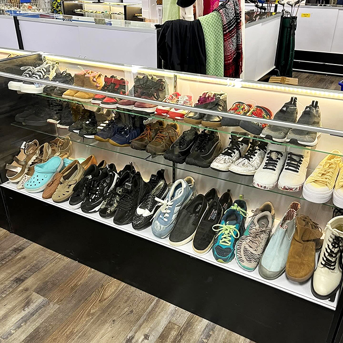 The shoe display rivals boutique organization but at thrift store prices. From practical sneakers to "why not?" heels, footwear for every Tennessee adventure awaits.