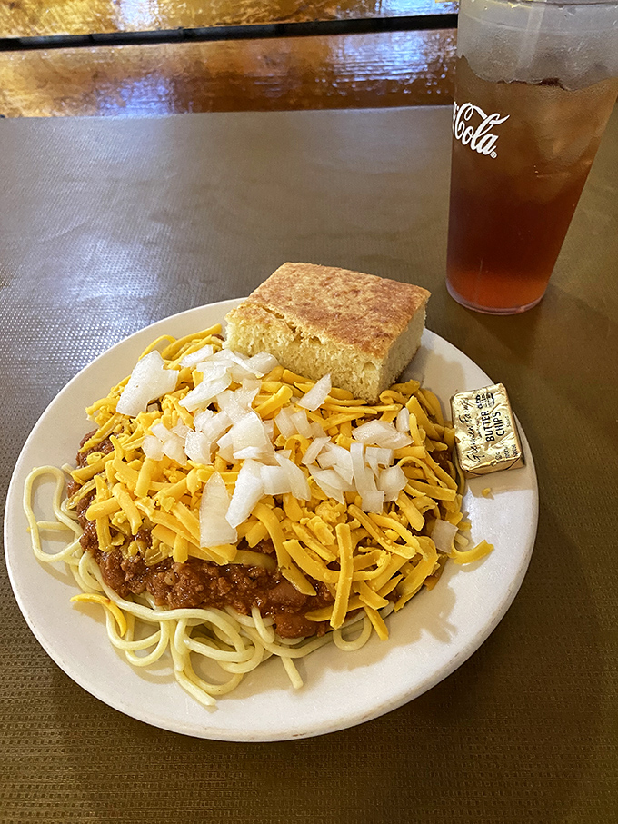Cincinnati-style spaghetti topped with cheese and onions&mdash;where pasta meets chili in a romance that would make Romeo and Juliet jealous.