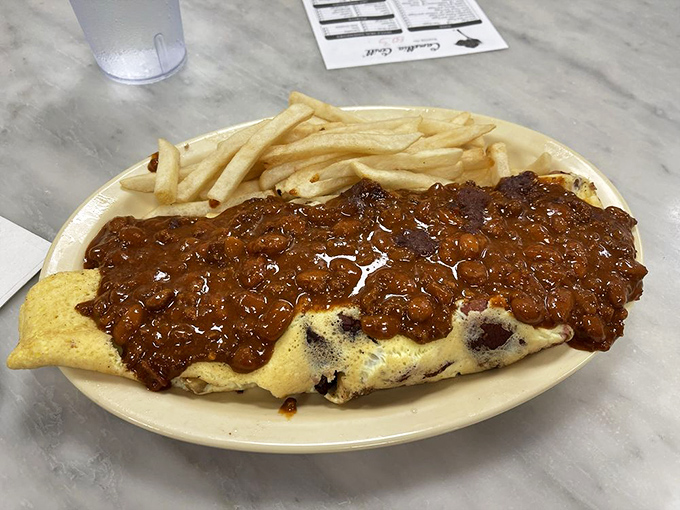 Not so much an omelet as a declaration of breakfast independence&mdash;smothered in chili that means serious business.