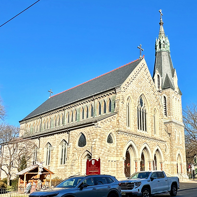 Gothic revival at its finest&mdash;this stone church reaches skyward with the same spiritual ambition that built Europe's great cathedrals.