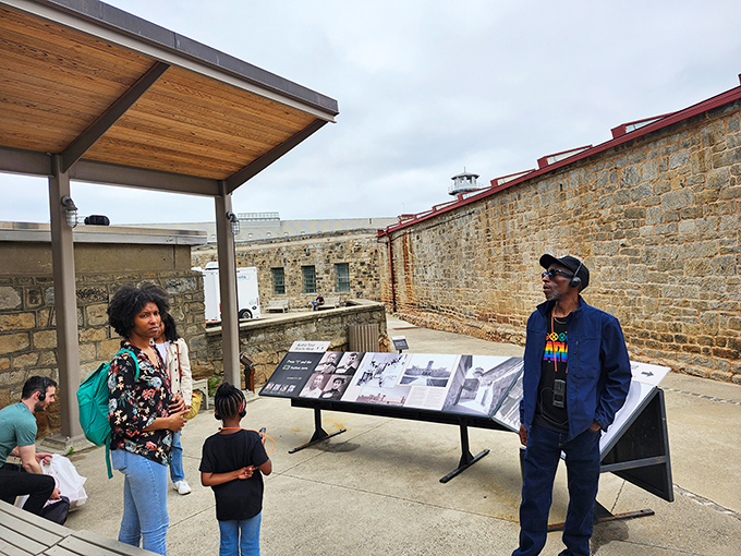 The outdoor information area provides context for visitors exploring this historic site. Learning about history is always better in the fresh air.