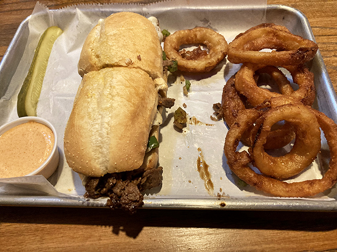 A sandwich and onion rings that say, "Diet starts tomorrow." That special sauce isn't just condiment&mdash;it's commitment to deliciousness.