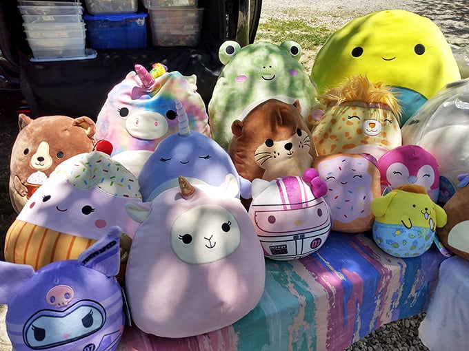 A cuddle committee awaits new homes. These plush pals with their hopeful eyes make resistance futile for grandparents on shopping duty. 