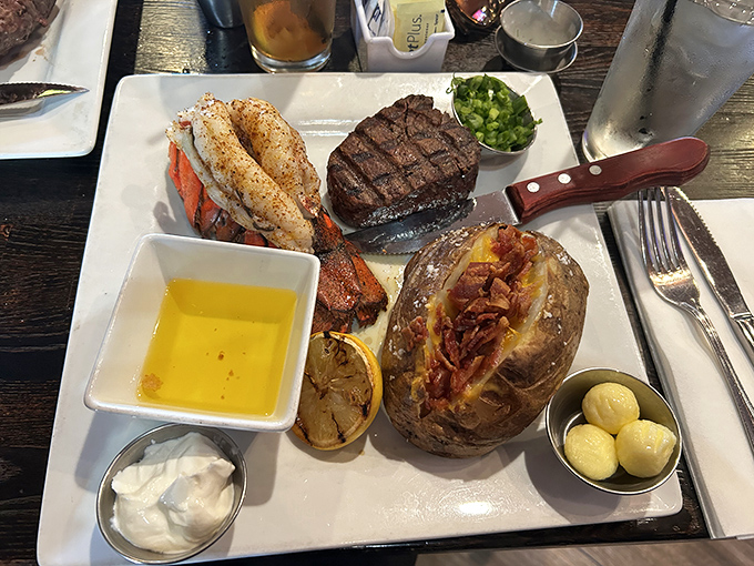 Surf meets turf in a plate that screams "special occasion" while the loaded baked potato whispers "worth every calorie."
