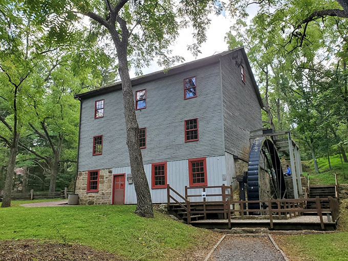 Shoaff's Mill wears its history proudly, the blue-gray siding and red trim a testament to Pennsylvania's industrial heritage.