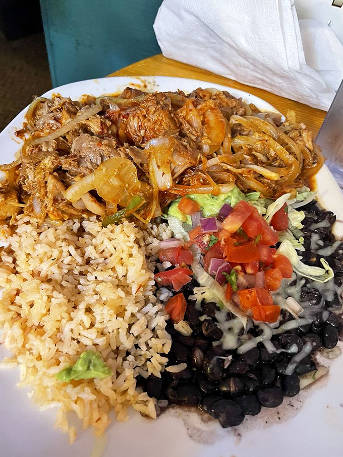 A plate that doesn't know the meaning of negative space. Rice, beans, meat, and toppings in perfect harmony.