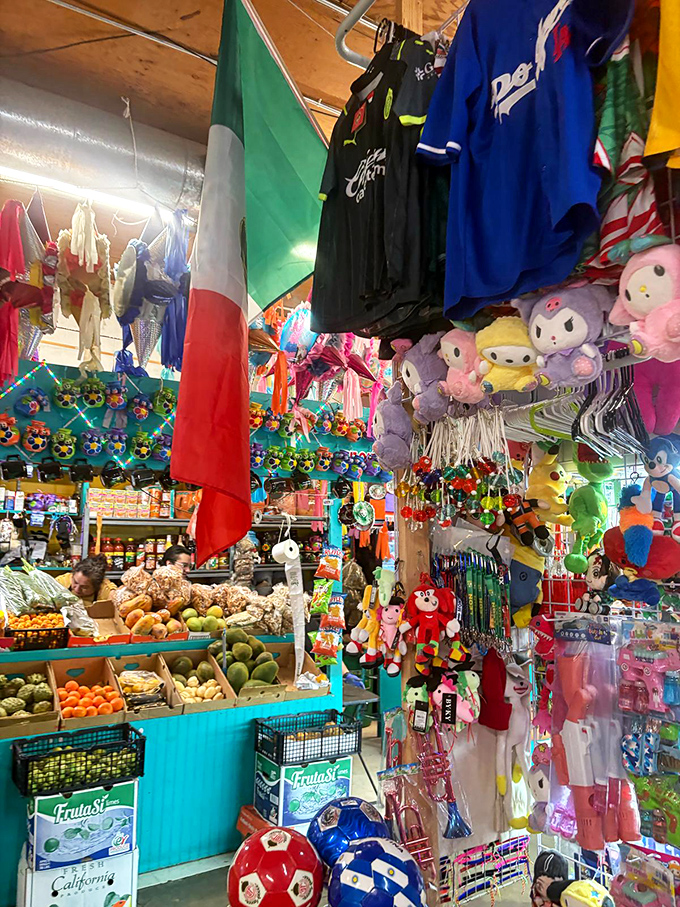 Where toys, flags, and fresh produce coexist in colorful harmony. It's like your childhood toy box grew up and started a business.