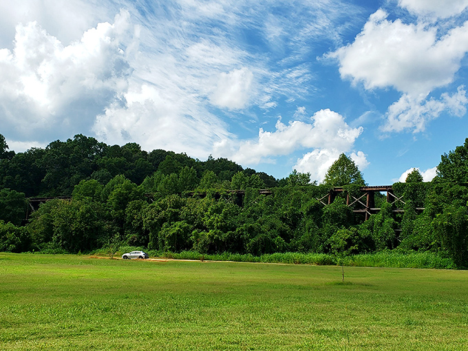 The Twin Trestle Trailhead opens to outdoor adventures that cost nothing but time, offering vistas that expensive resorts would charge a premium for.
