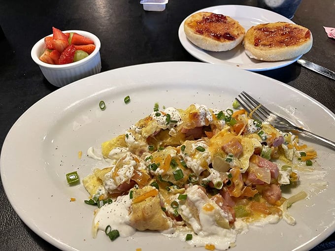 The Denver scramble delivers a Rocky Mountain sunrise of flavors, where every bite offers a perfect balance of eggs, veggies, and morning happiness.