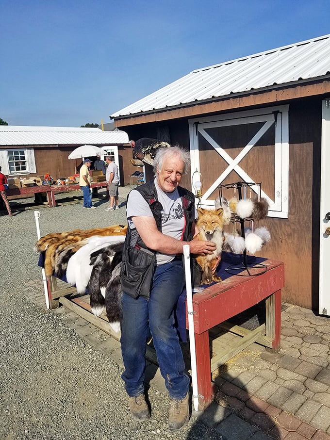 Where taxidermy meets conversation pieces—this vendor displays animal pelts alongside a preserved fox. The wild side of collecting.