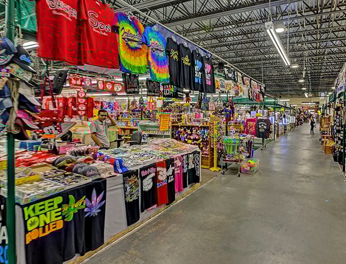A kaleidoscope of t-shirts and souvenirs creates a visual feast, with vendors ready to help you find that perfect Florida memento.