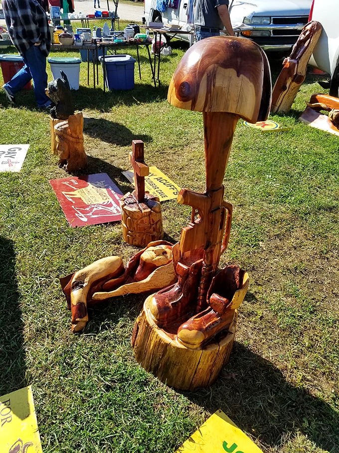 Nature transformed by skilled hands—these wooden sculptures prove that artistry thrives at flea markets far from gallery walls.