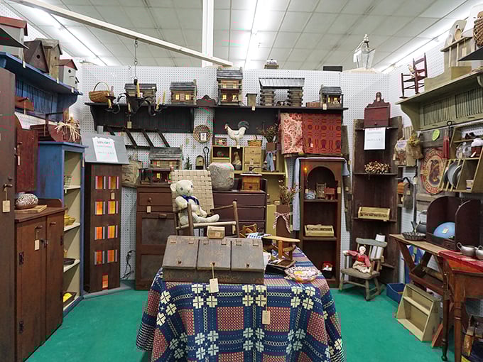 Wooden furniture displays showcase craftsmanship from eras when things were built to last multiple lifetimes and moves.