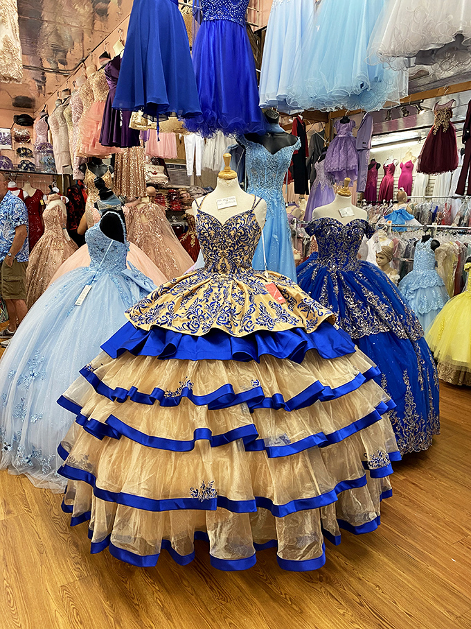 Quincea&ntilde;era and formal gowns that would make Cinderella jealous. That blue and gold creation has more layers than a telenovela plot twist.