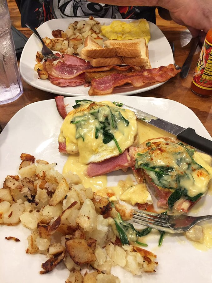 Two plates that answer the eternal question: "Why is breakfast the superior meal?" Exhibit A: perfectly cooked eggs. Exhibit B: those glorious home fries.