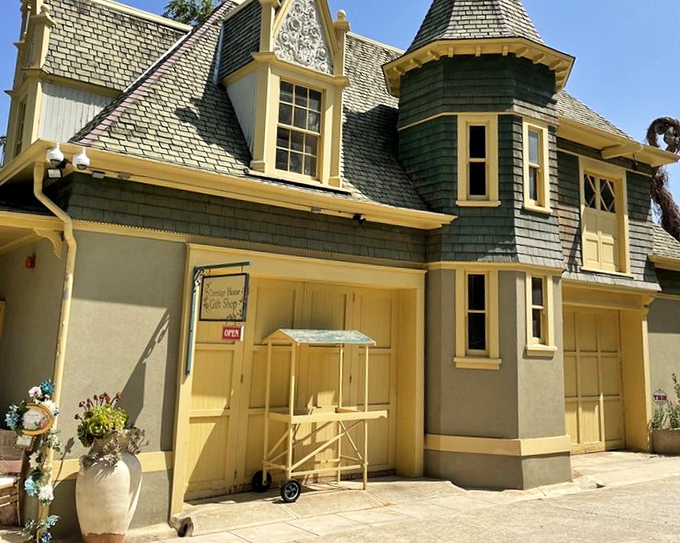 The carriage house stands as a charming reminder that even the "garage" was dressed to impress in Victorian California.