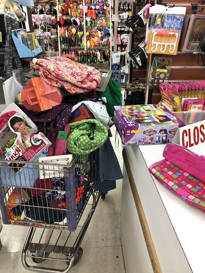 This cart tells the story of a successful expedition&mdash;toys, clothes, and household items all rescued from retail purgatory.