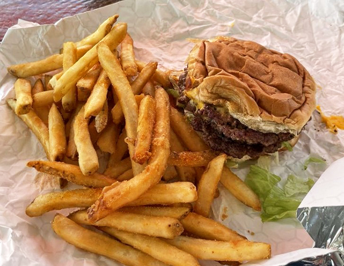 This cheeseburger and fries combo delivers the kind of satisfaction that makes you forget about counting calories entirely.