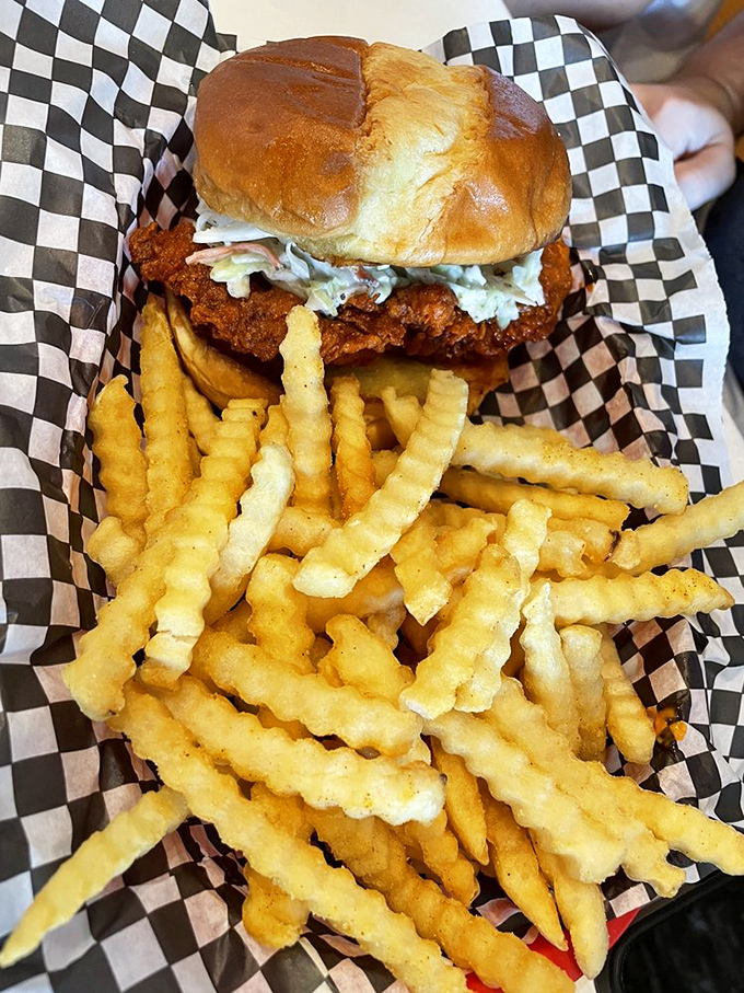 The sandwich that launched a thousand cravings: perfectly fried chicken, creamy slaw, and that signature sauce on a pillowy bun.