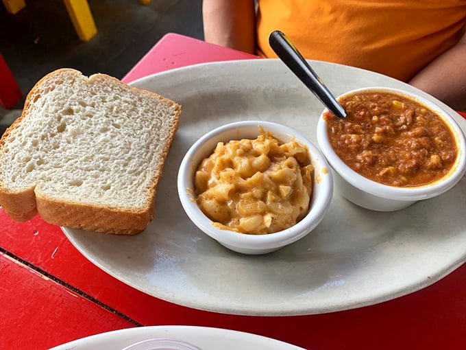 A holy trinity of Southern comfort: bread for sopping, mac and cheese for savoring, and Brunswick stew for warming the soul.