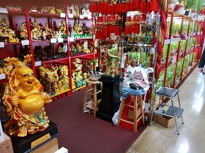 Golden Buddhas and crimson decorations create a mesmerizing cultural corner where East meets Midwest with surprising harmony and spectacular visual flair.