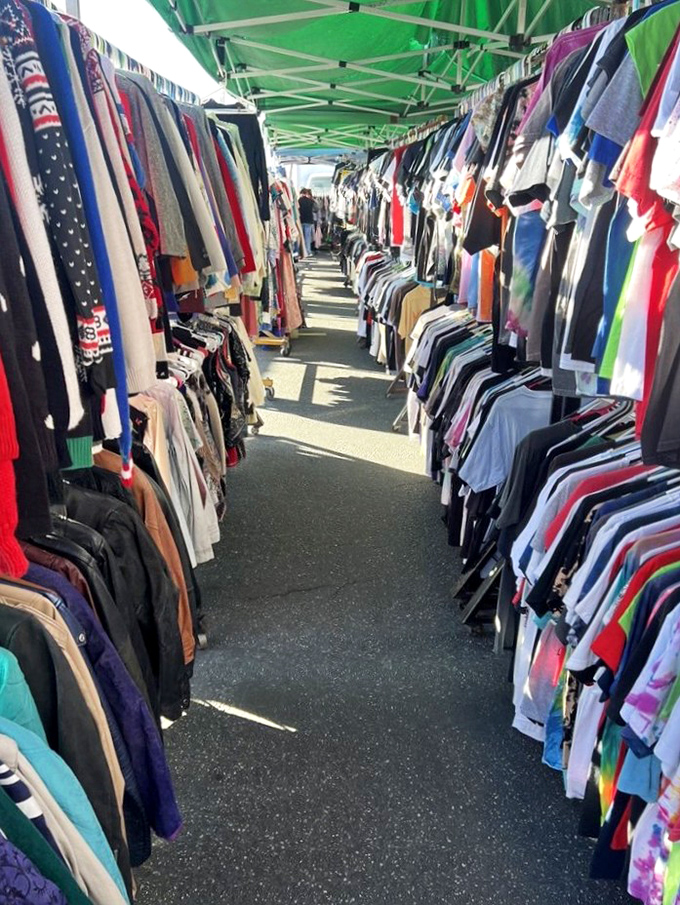 The clothing aisle stretches into infinity, a textile time tunnel where every era's fashion statement awaits rediscovery.