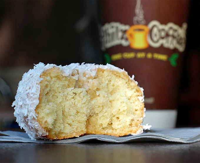 A donut wearing a coconut coat that makes you question everything you thought you knew about vegan baking. Mind = blown.