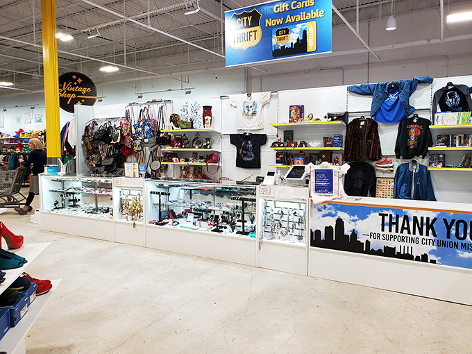 The checkout counter stands ready for your discoveries - gift cards available for the thrifter in your life.