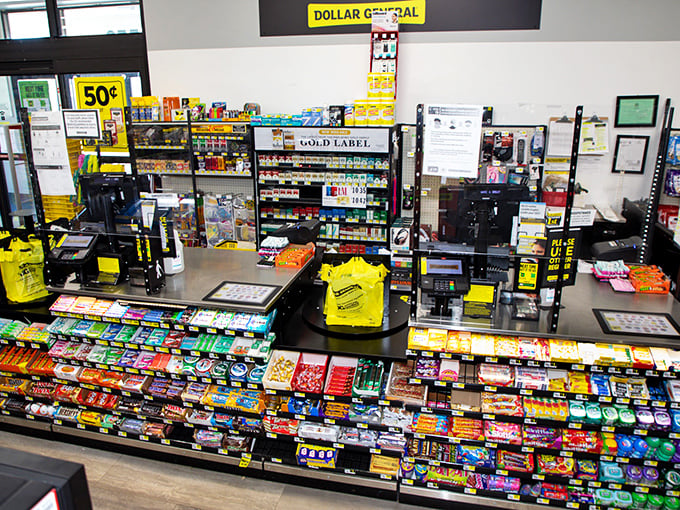 The command center of bargain operations, where registers ring up savings and yellow shopping bags await their mission to transport treasures home.