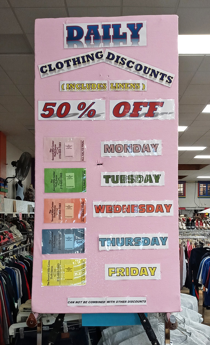The pink discount board&mdash;a roadmap to savings that regulars memorize like subway schedules, planning their weekly visits accordingly.