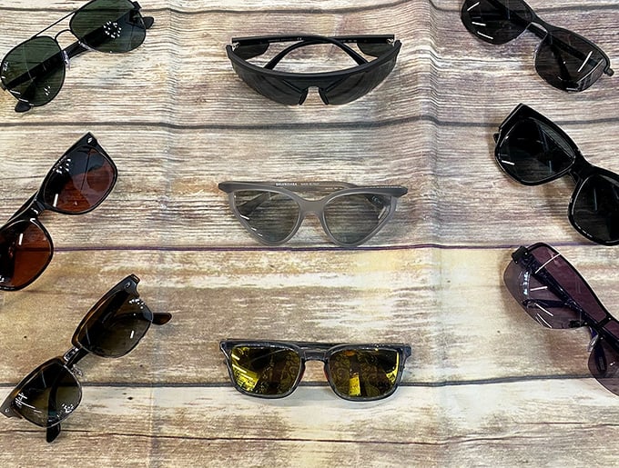 Sunglasses galore! From classic aviators to trendy frames, these shades are arranged like a buffet of cool&mdash;just pick your flavor of fabulous.