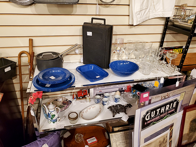 Blue enamelware and vintage kitchen tools—the artifacts of Sunday dinners when recipes were measured in pinches and dashes, not Instagram likes.