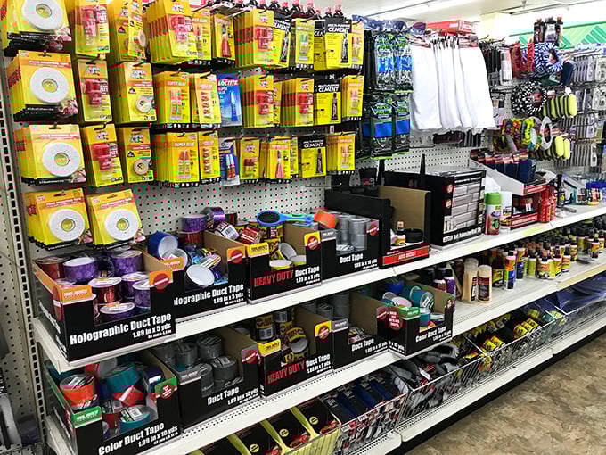 Duct tape paradise &ndash; the handyman's candy store. From basic repairs to craft projects, this wall of adhesive potential solves problems you didn't know you had.