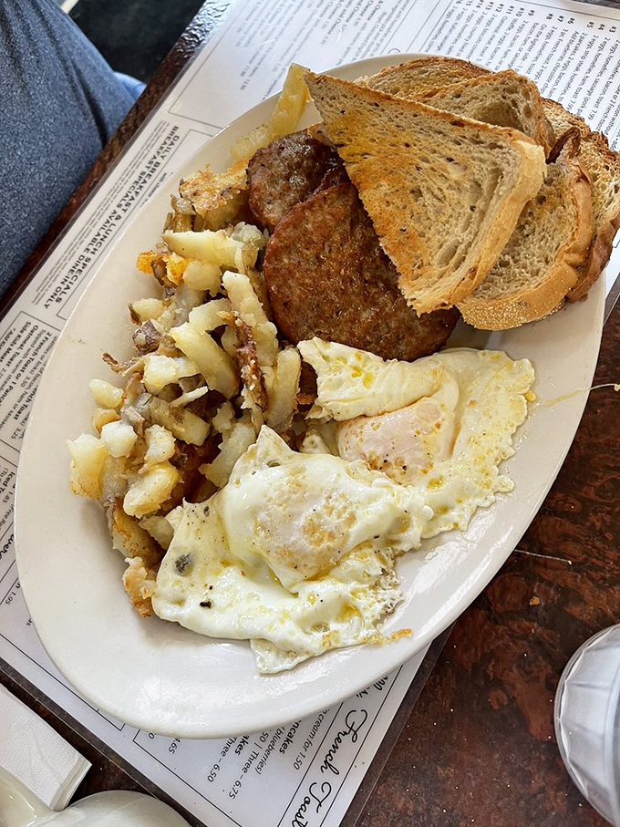 A breakfast that means business&mdash;sausage patty with the perfect sear alongside eggs that would make a chicken proud.