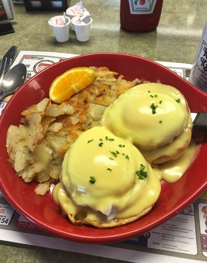 Eggs Benedict done right&mdash;hollandaise cascading over English muffins like a sunrise over Pennsylvania farmland, with crispy potatoes standing guard.