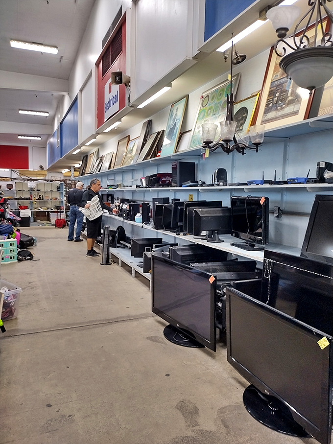 The electronics section offers everything from flat-screens to vintage tech, proving one shopper's obsolete gadget is another's retro treasure.