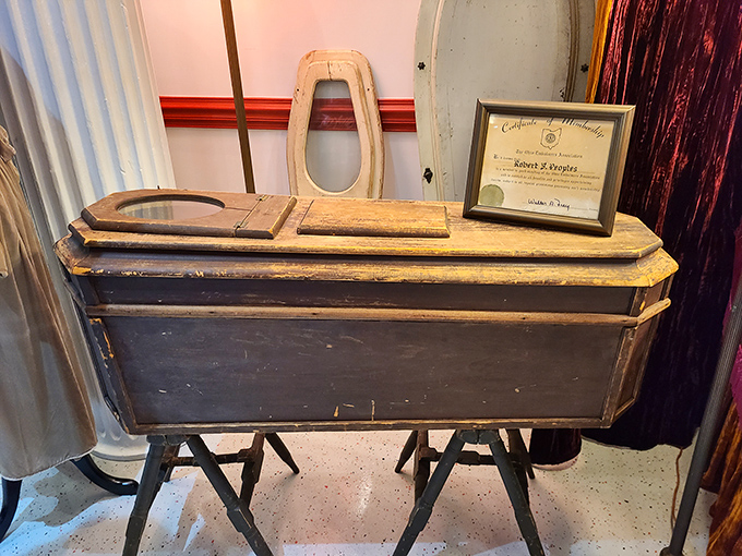 This vintage embalming table speaks to the craftsmanship of an era when even utilitarian funeral equipment was built with care and designed to last.